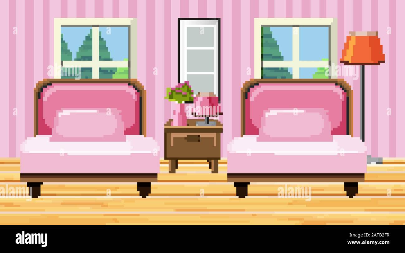 Background scene with two pink beds in the room illustration Stock ...