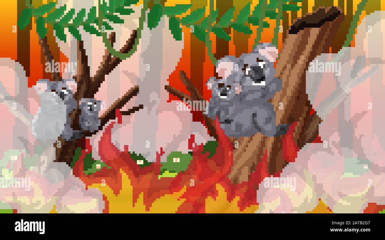 Scene with big wildfire with animal trapped in the forest illustration ...