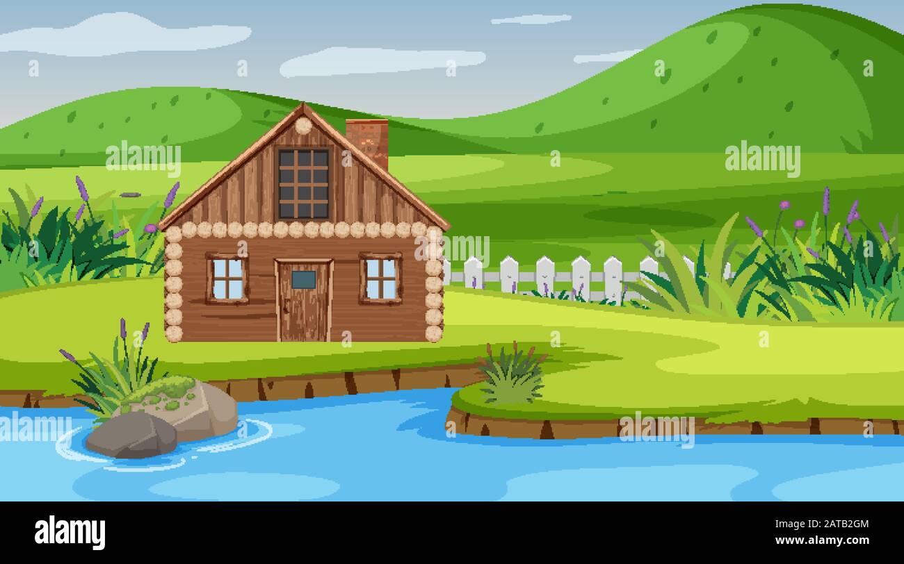Scene with wooden cottage in the field illustration Stock Vector Image ...