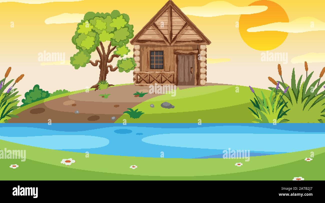 Scene with wooden cottage in the field illustration Stock Vector Image ...
