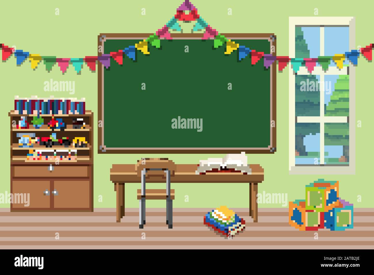 Classroom with desk and board illustration Stock Vector Image & Art - Alamy