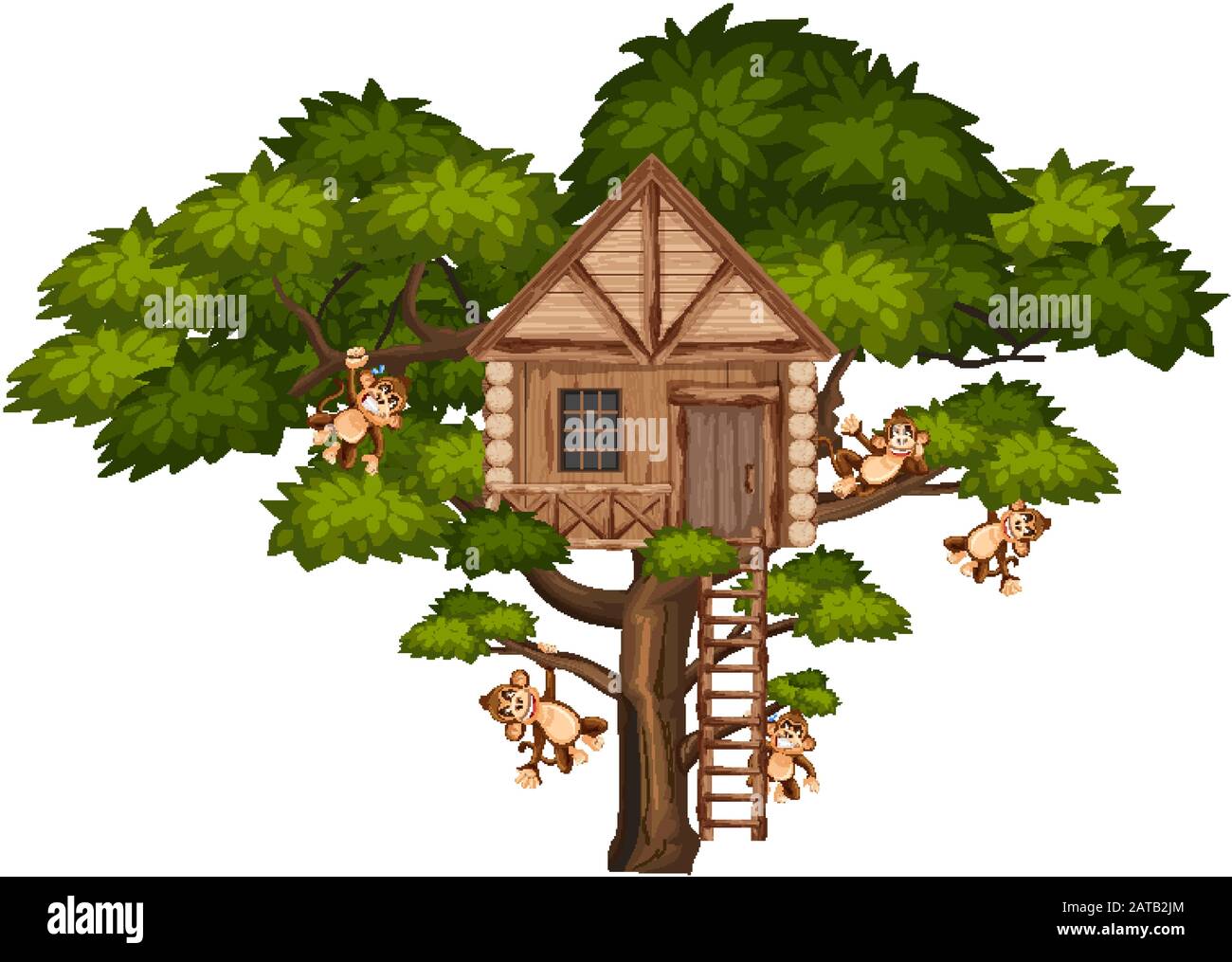 Big tree with treehouse and many monkeys on the branches illustration ...