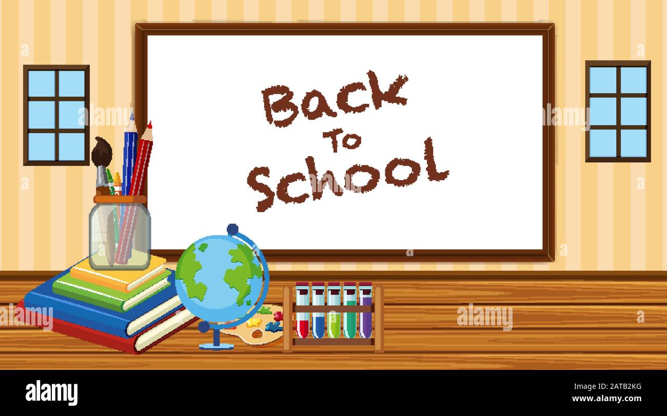 Back to school sign in classroom with school equipments illustration ...