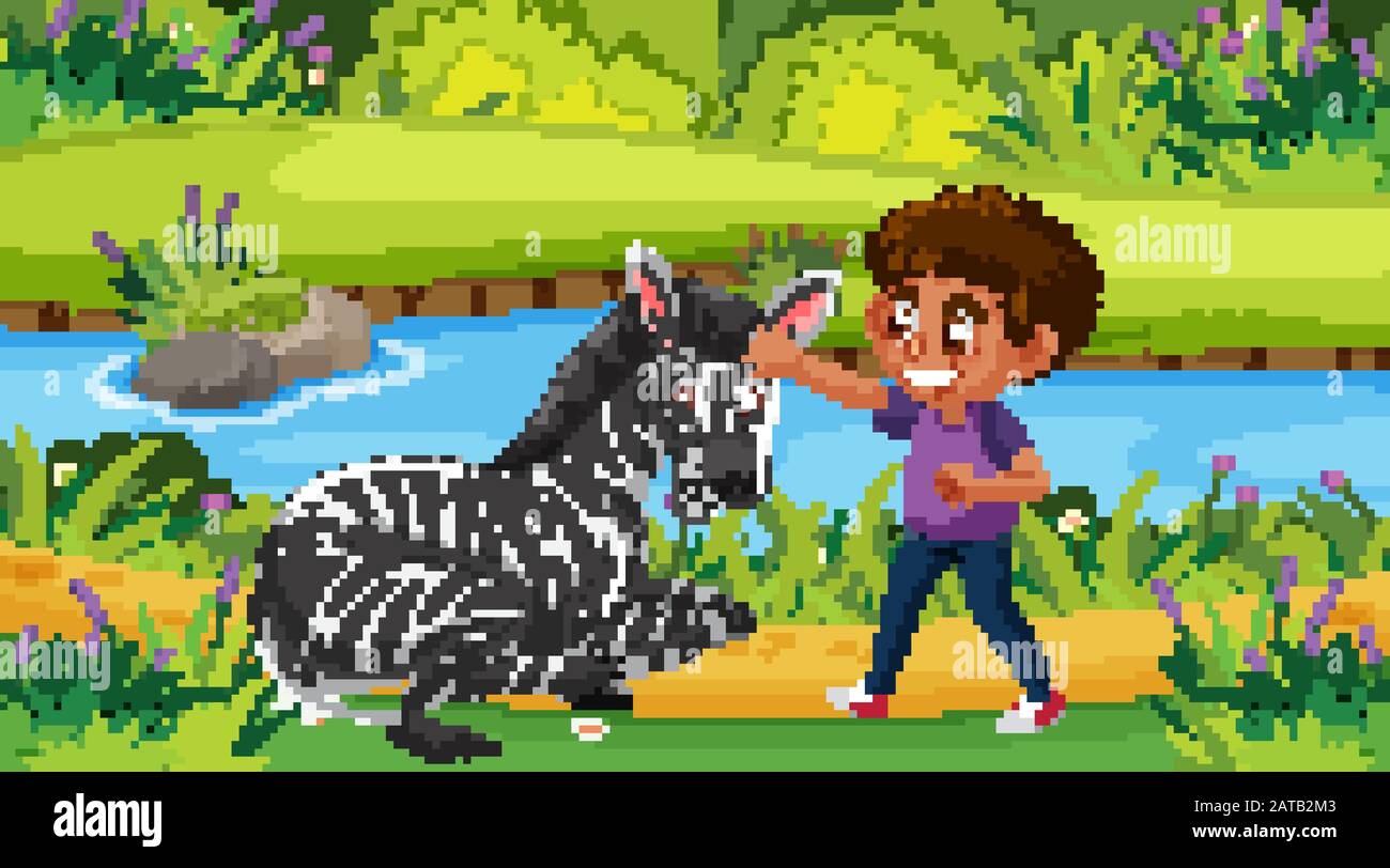 Scene with boy and zebra in the park illustration Stock Vector Image ...