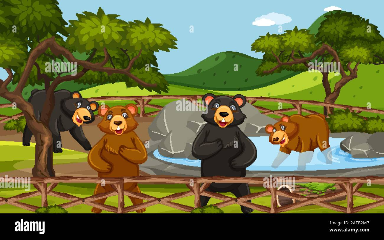 Scene with wild animals in the zoo at day time illustration Stock ...