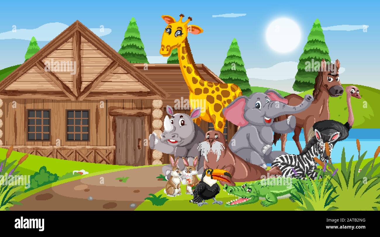 Scene with wild animals in front of the wooden cottage illustration ...