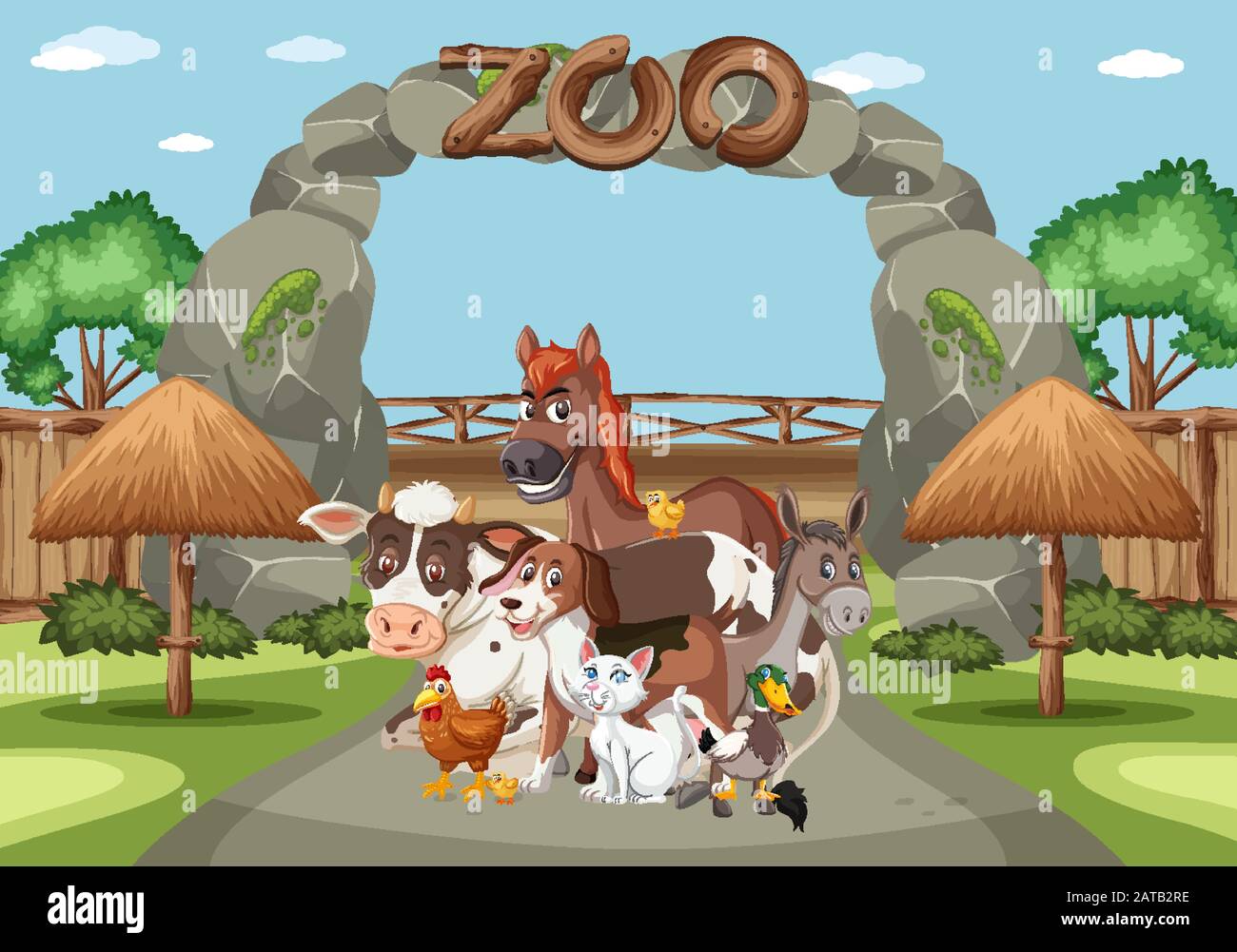 Scene with wild animals in the zoo at day time illustration Stock ...