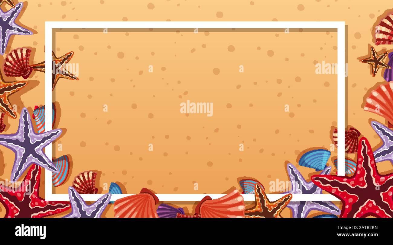 Frame design with seashells and starfish on the beach background ...