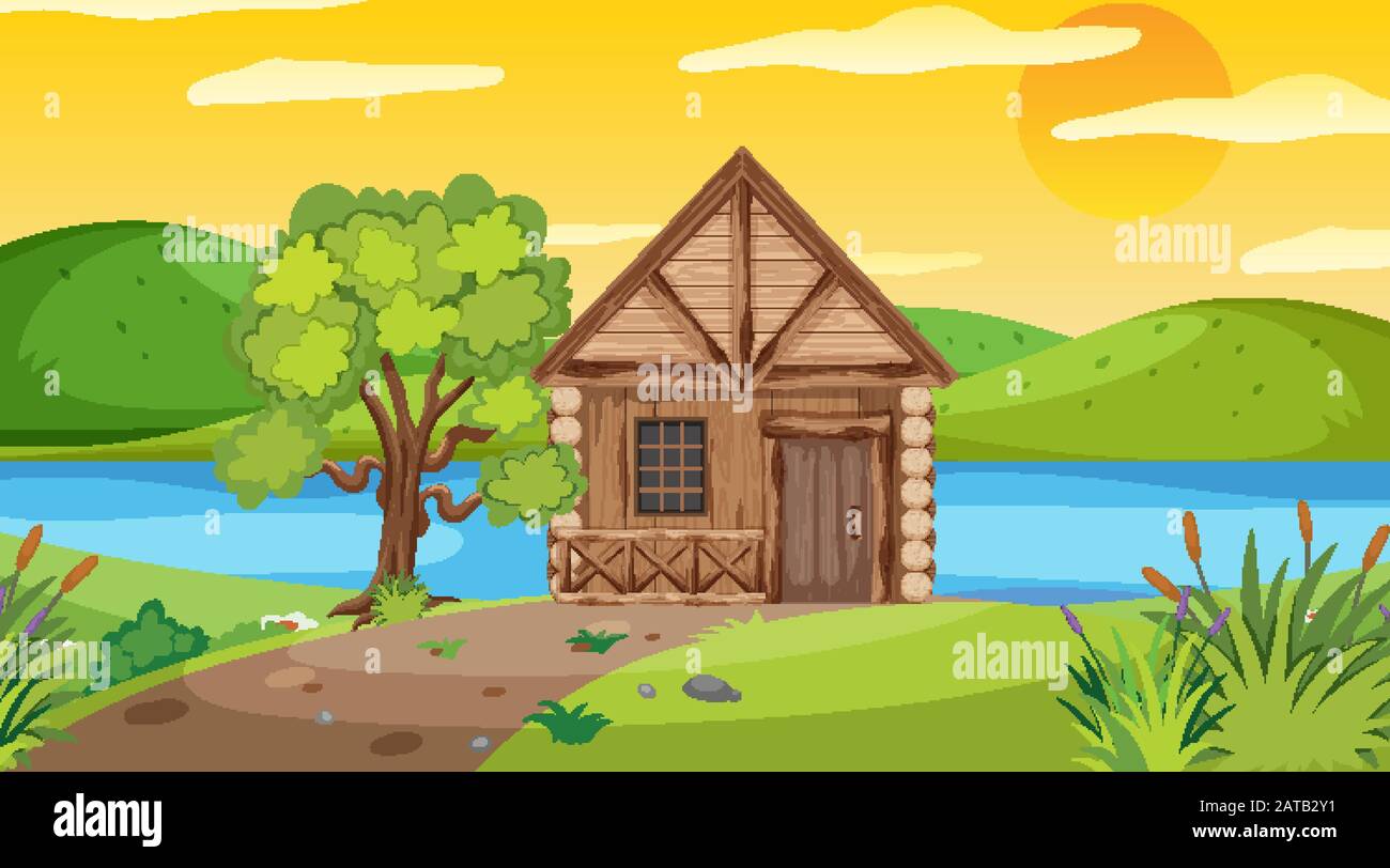 Scene with wooden cottage in the field illustration Stock Vector Image ...