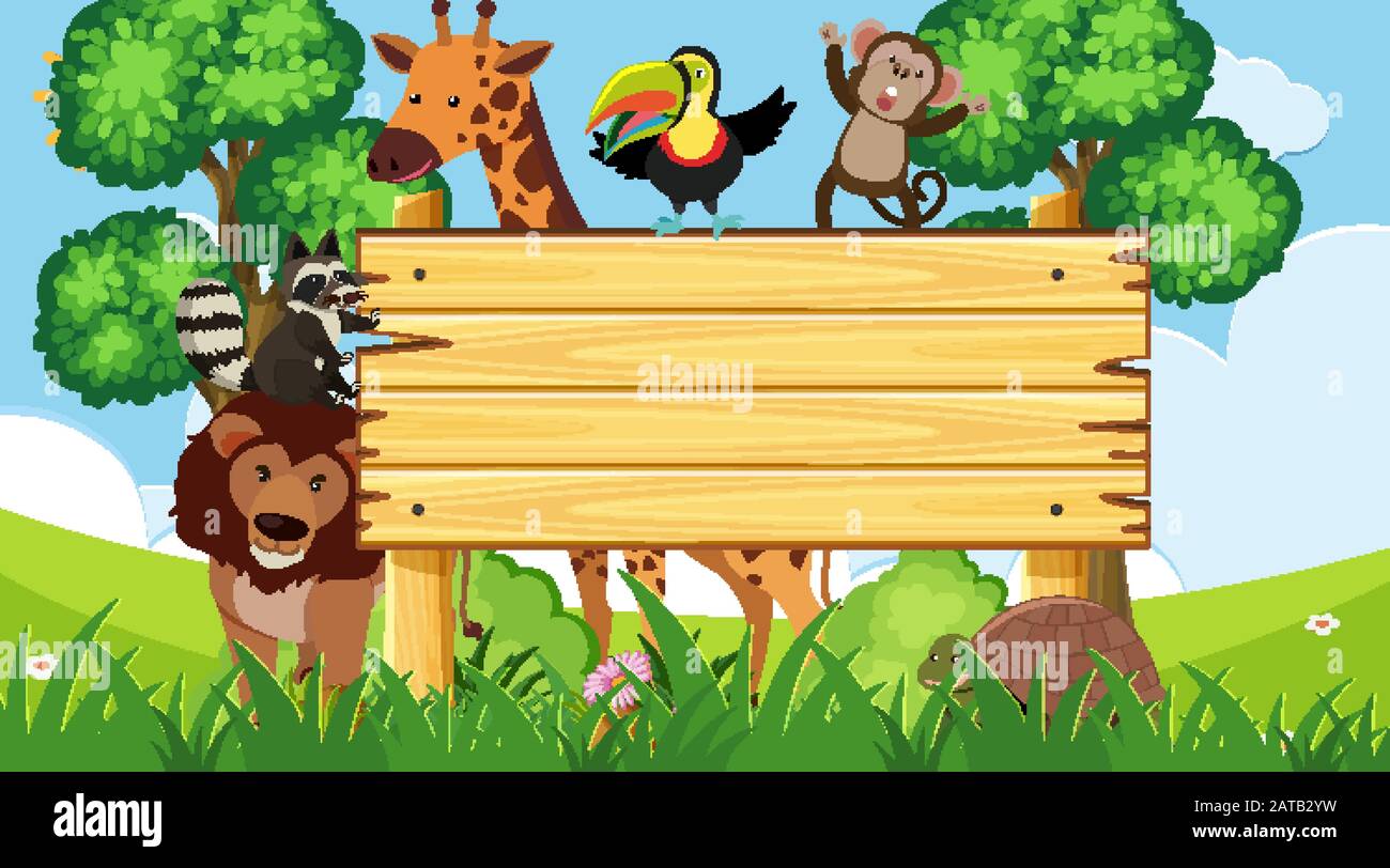 Wooden sign with wild animals in the park illustration Stock Vector ...