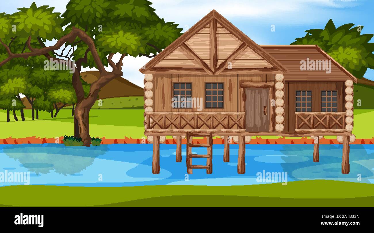 Scene with wooden house in the river illustration Stock Vector Image ...