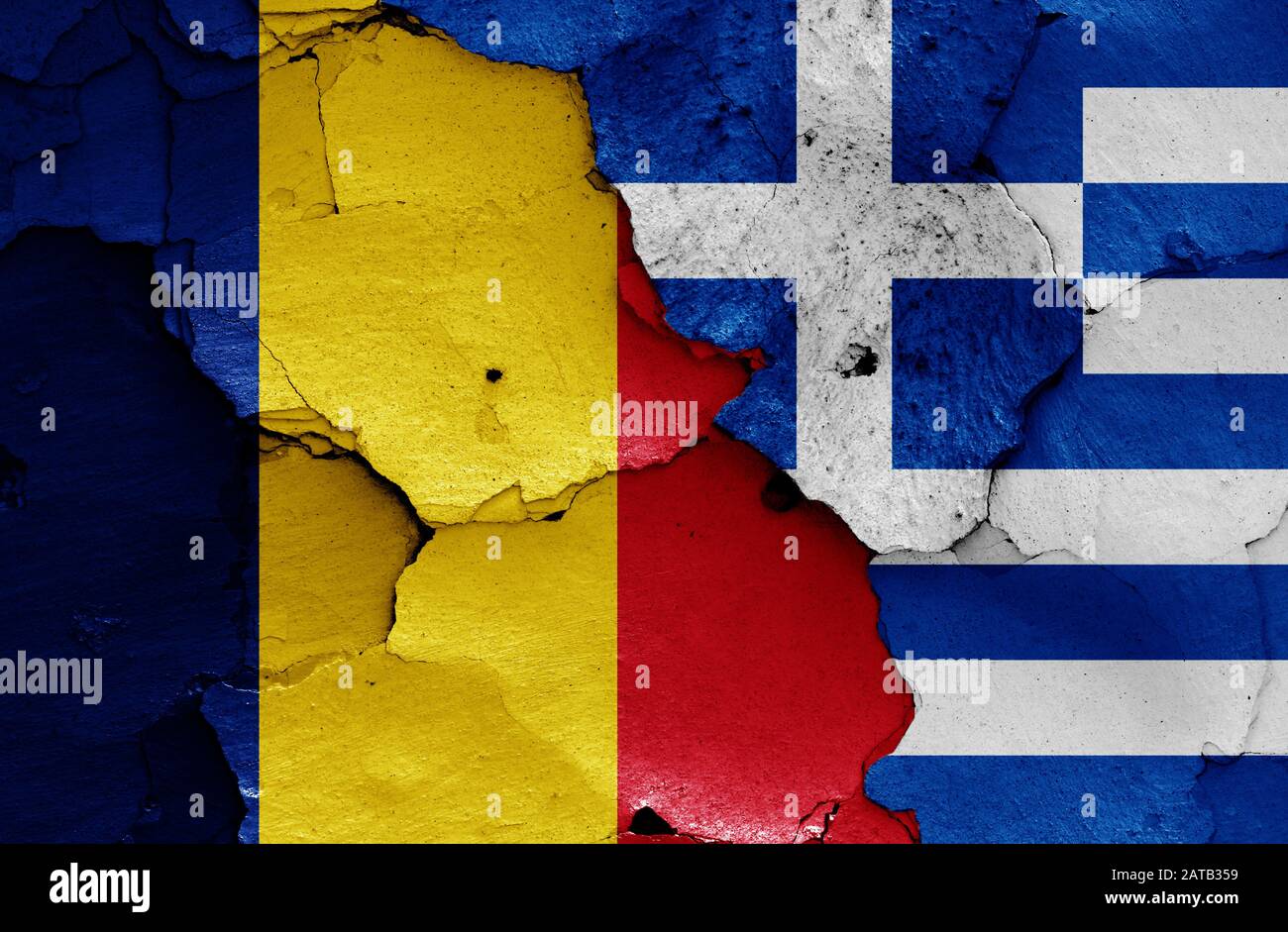 flags of Romania and Greece painted on cracked wall Stock Photo - Alamy