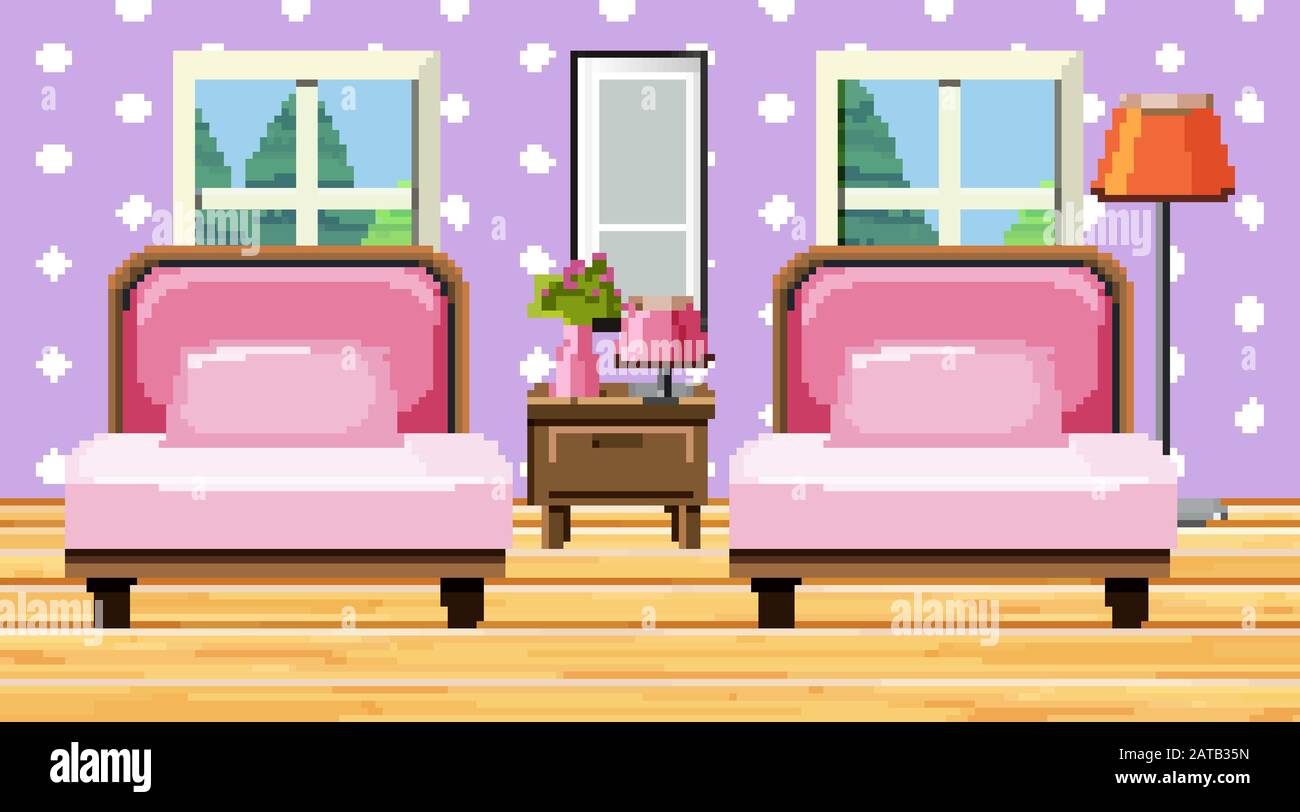 Scene with two pink beds in the room illustration Stock Vector Image ...