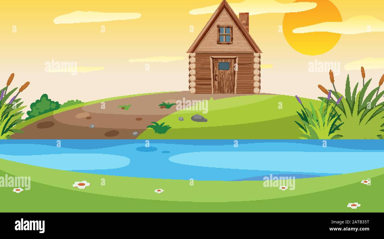 Scene with wooden cottage in the field illustration Stock Vector Image ...