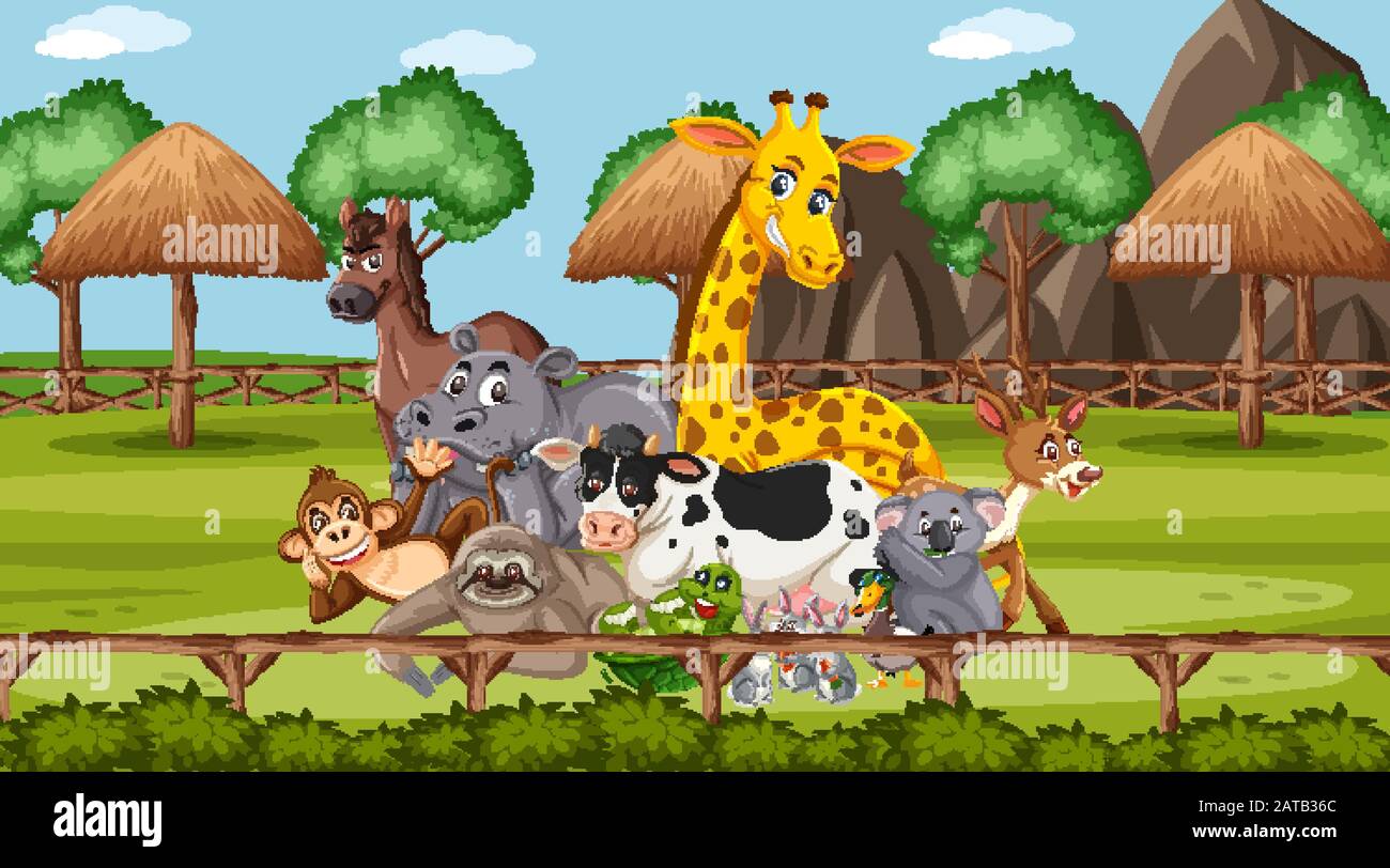 Scene with wild animals in the zoo at day time illustration Stock ...