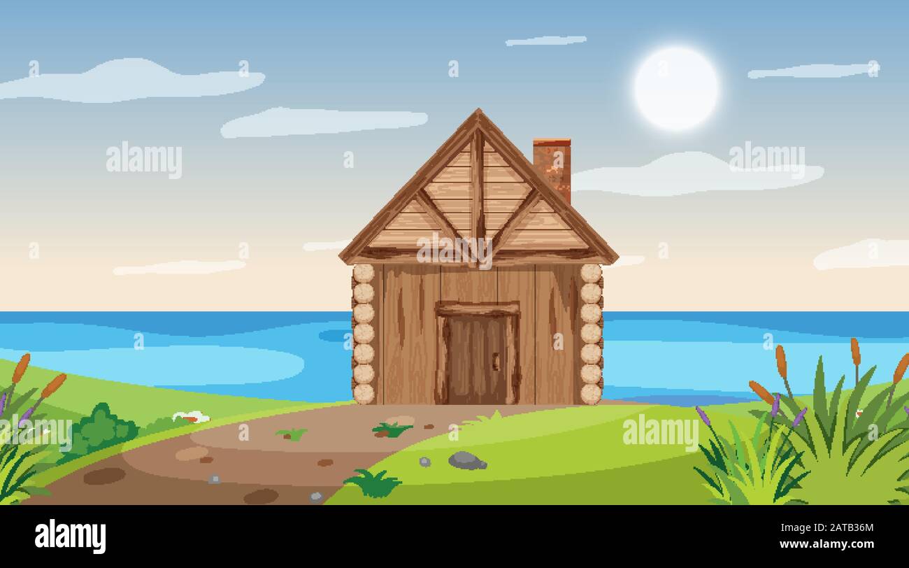 Scene with wooden cottage in the field illustration Stock Vector Image ...