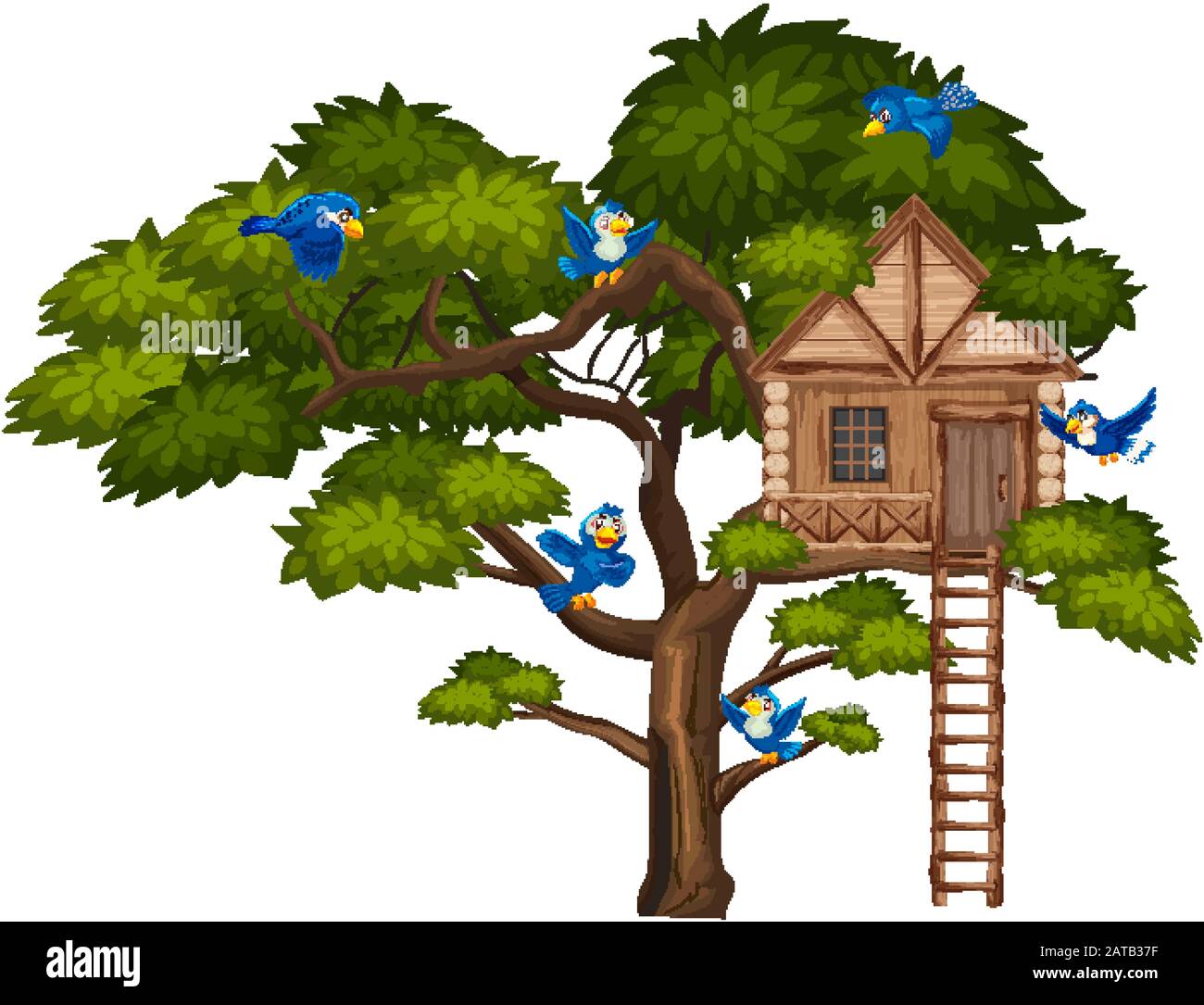 Big green tree and many blue birds flying over the treehouse ...