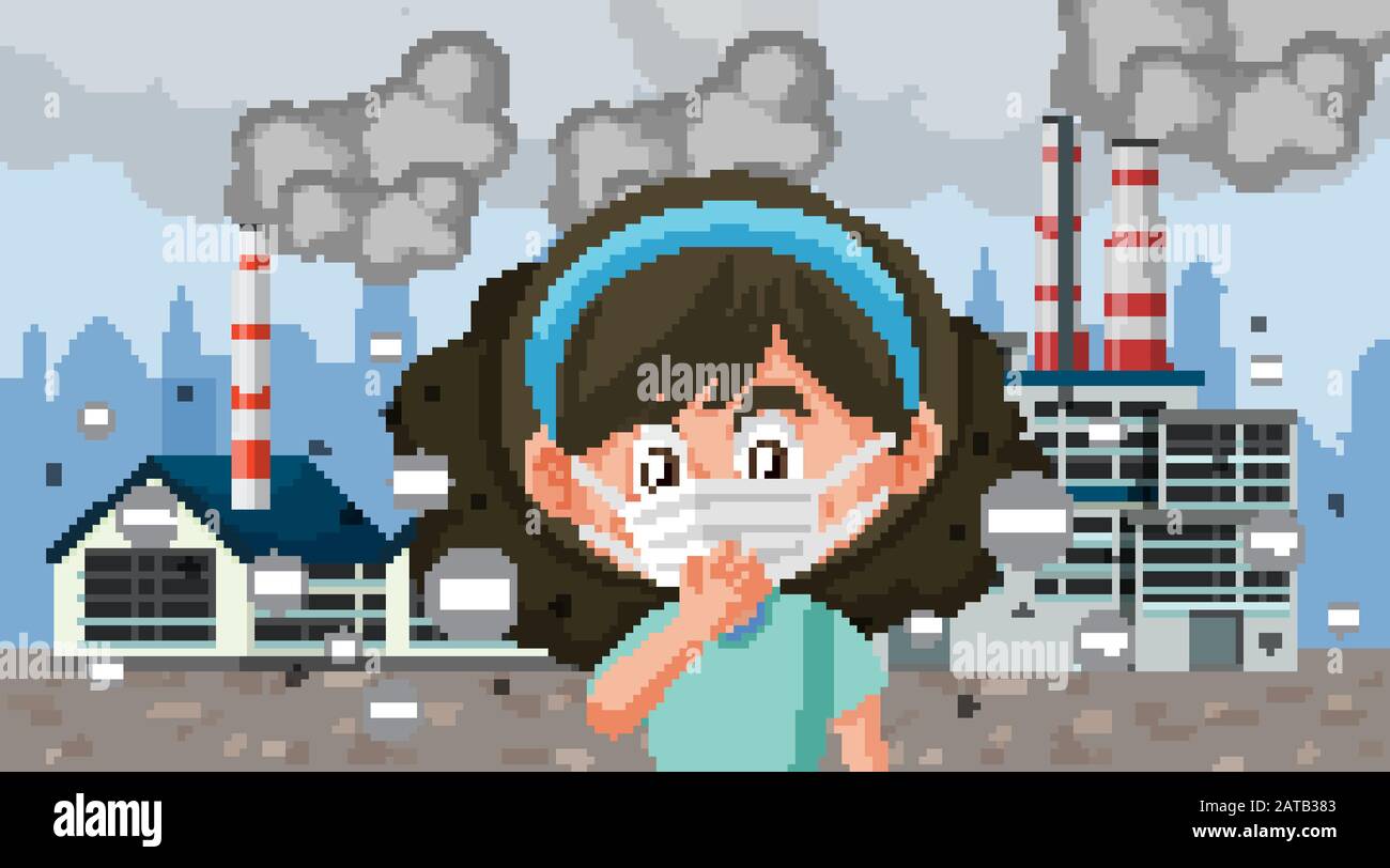 Girl wearing mask in front of the factory full of smoke illustration ...