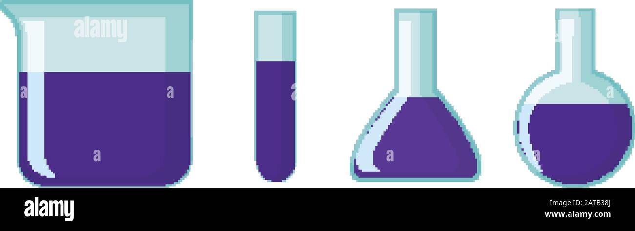 Set of science containers with blue liquid inside illustration Stock ...