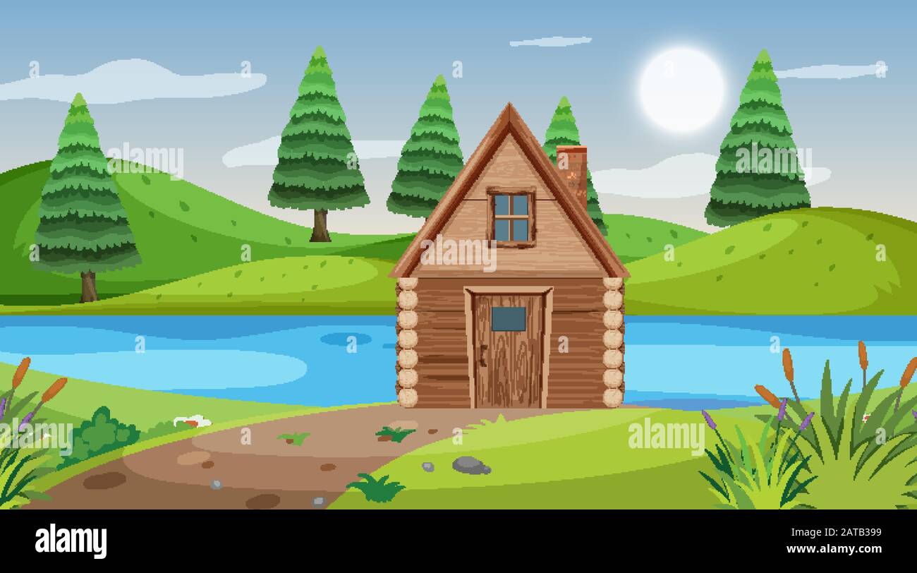 Scene with wooden cottage in the field illustration Stock Vector Image ...