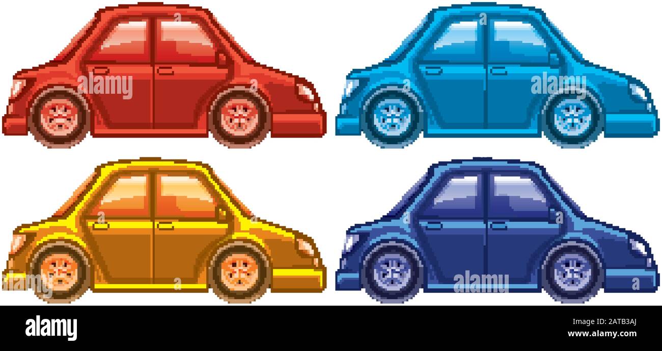 Set of four pictures of cars in different colors illustration Stock ...