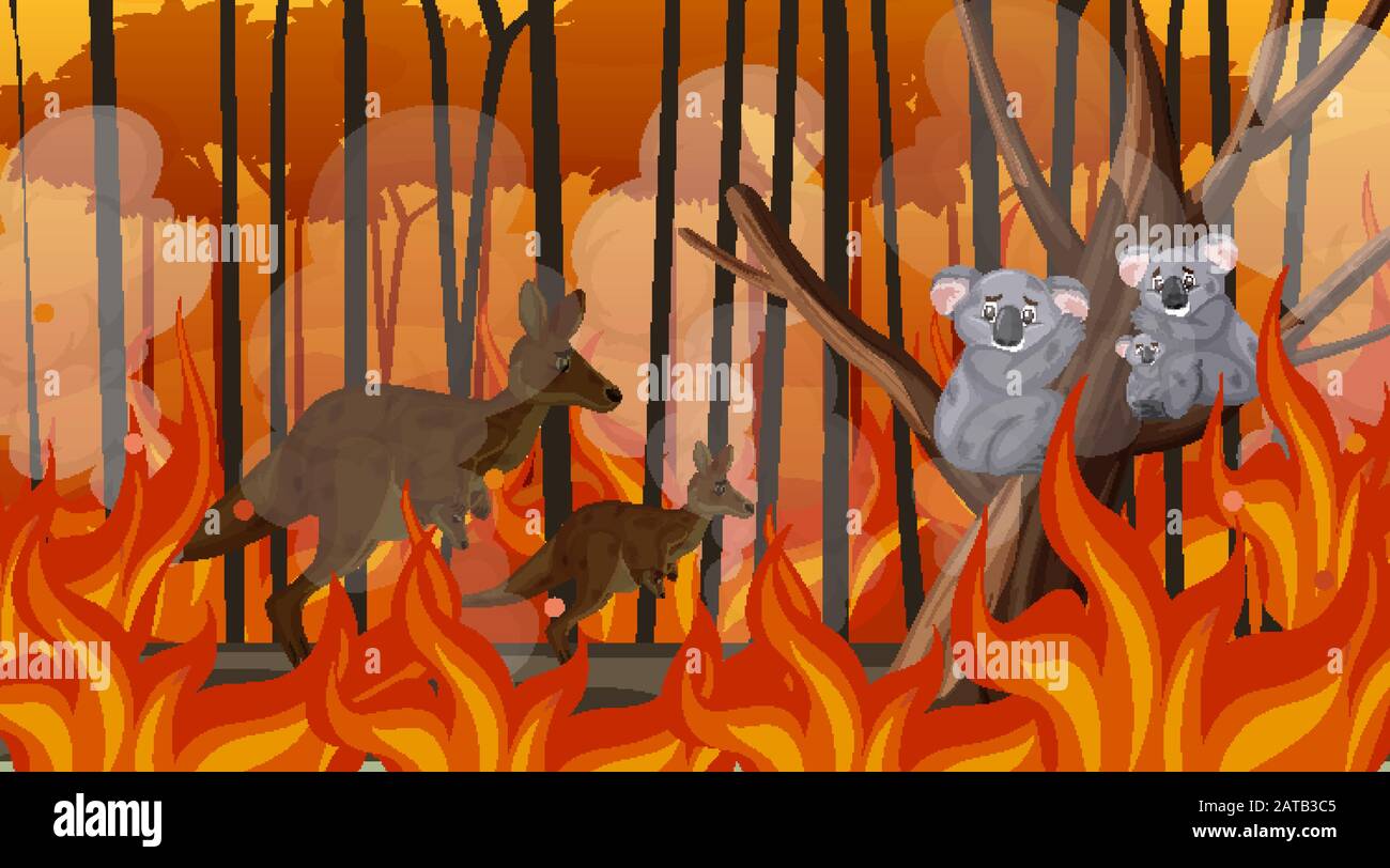 Scene with big wildfire with animal trapped in the forest illustration ...