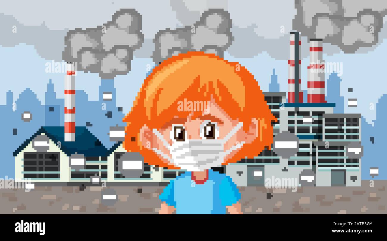 Sad girl wearing mask standing in front of factory buildings ...