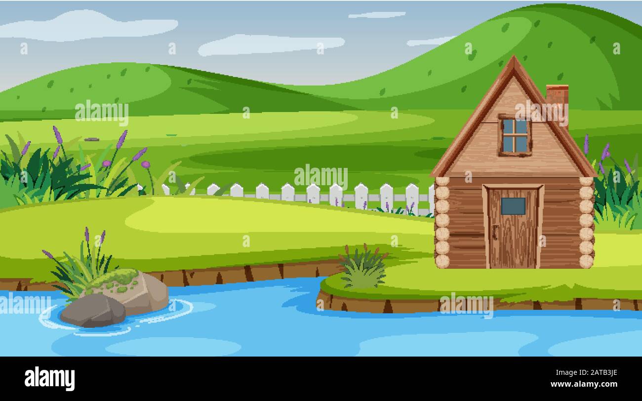Scene with wooden cottage in the field illustration Stock Vector Image ...