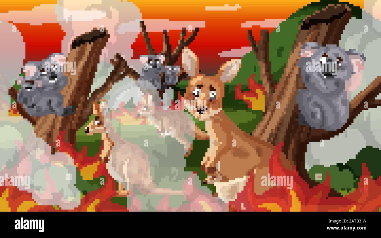 Scene with big wildfire with animal trapped in the forest illustration ...