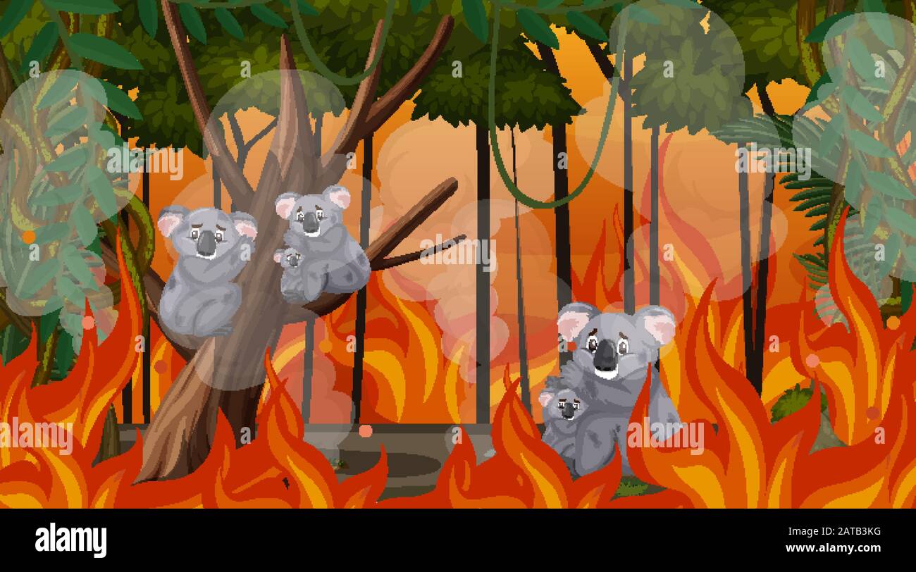 Scene with big wildfire with animal trapped in the forest illustration ...
