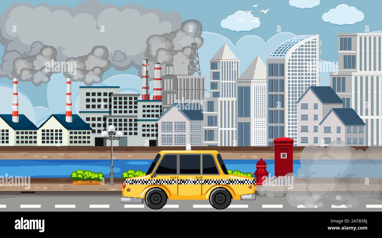 Scene with smoke coming out of the factories and cars in the city ...