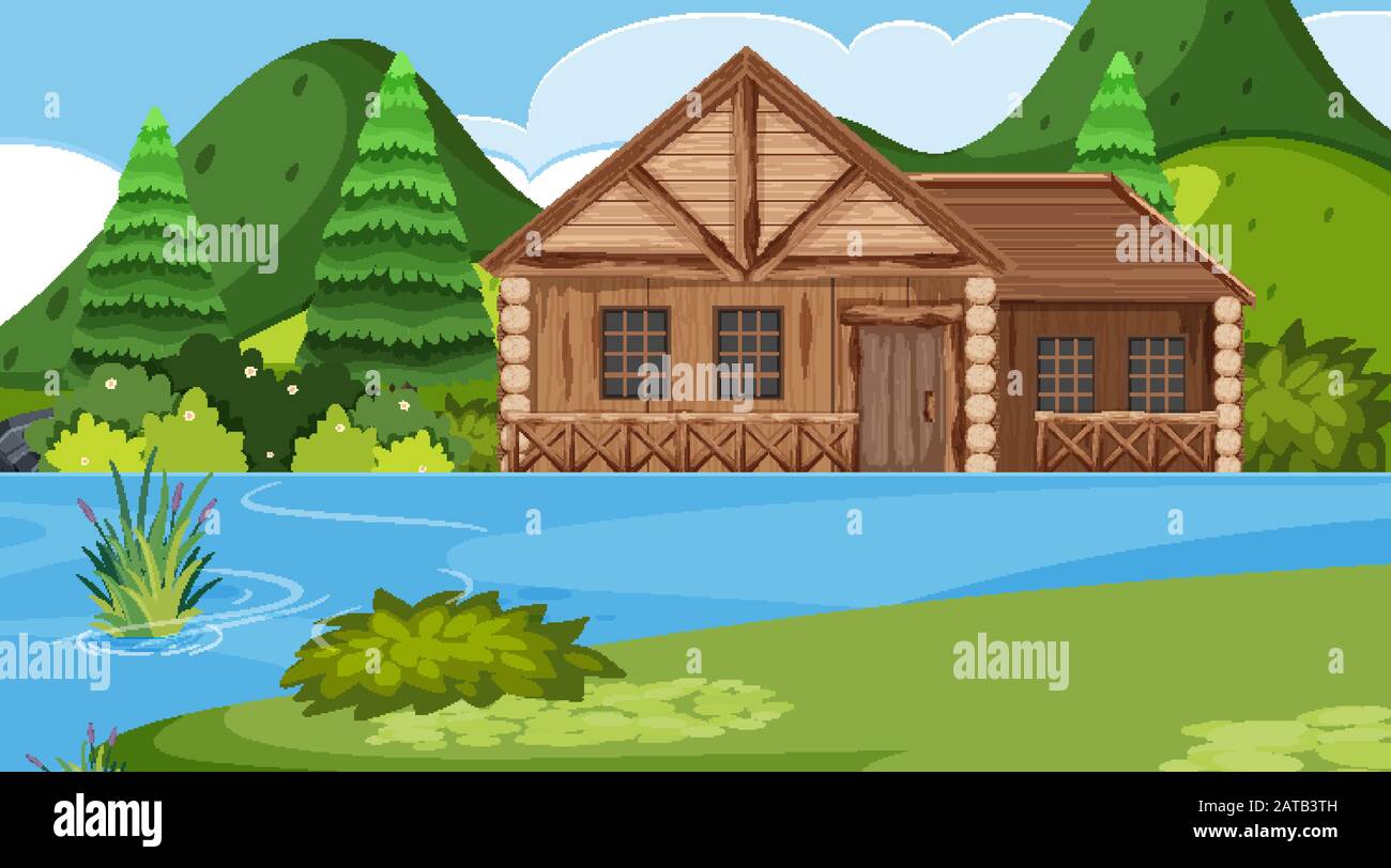 Scene with wooden cottage in the field illustration Stock Vector Image ...