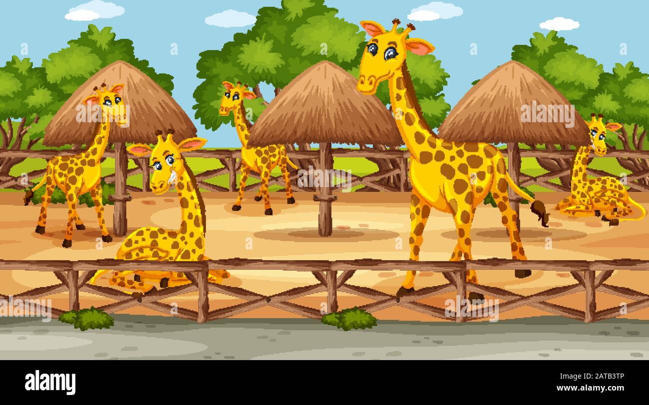 Scene with wild animals in the zoo at day time illustration Stock ...