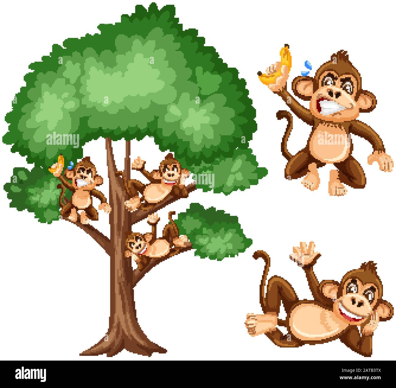 Big tree and naughty monkeys on white background illustration Stock ...