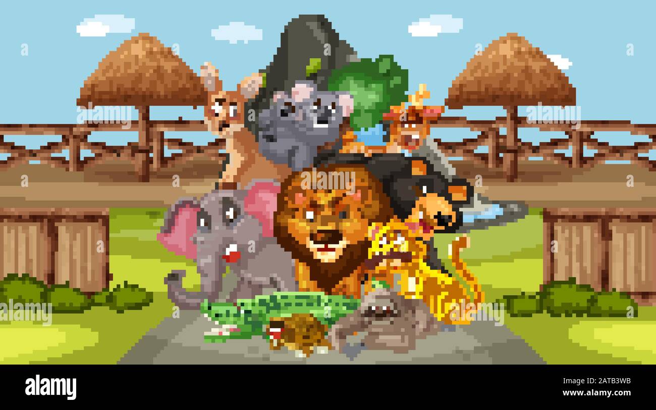Scene with wild animals in the zoo at day time illustration Stock ...