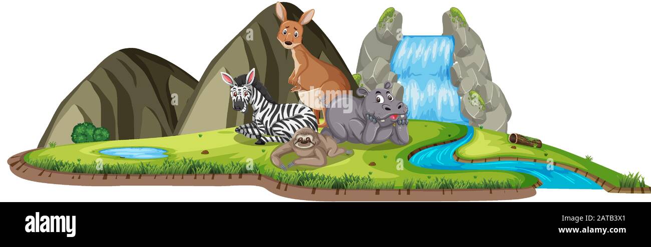 Scene with many wild animals by the waterfall at day time illustration ...
