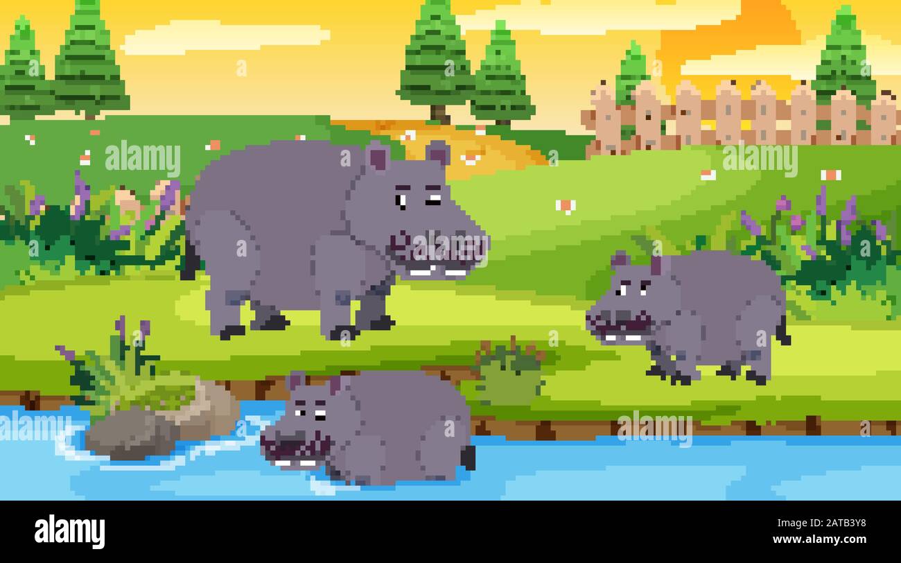 Scene with hippo in the open zoo illustration Stock Vector Image & Art ...