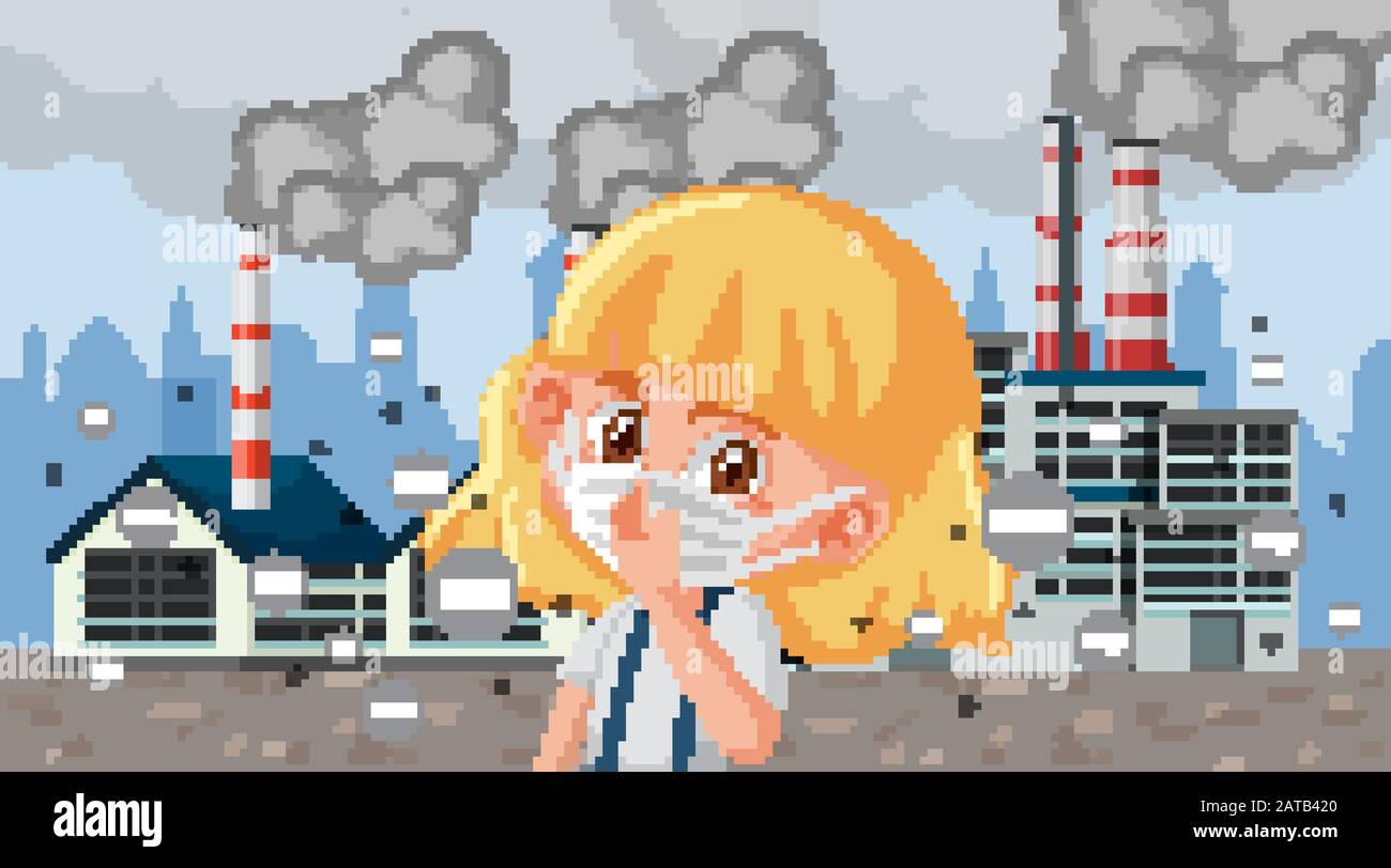 Scene with sick kid with mask in front of factory buildings ...