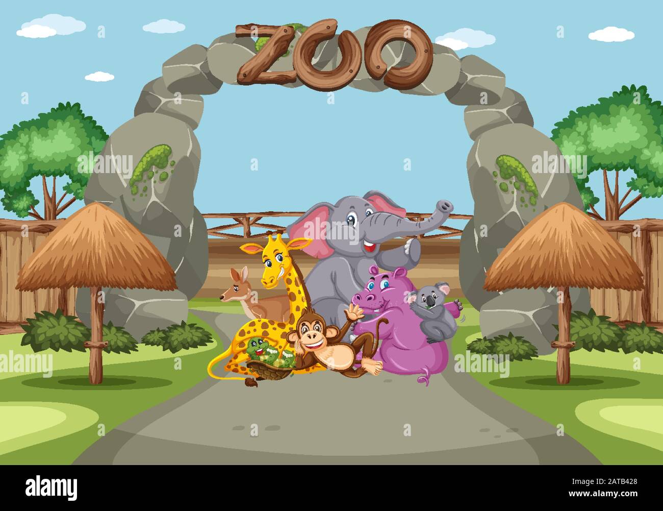 Scene with wild animals in the zoo at day time illustration Stock ...