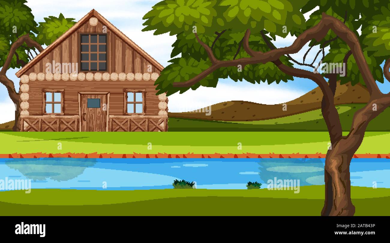 Scene with wooden cottage in the field illustration Stock Vector Image ...
