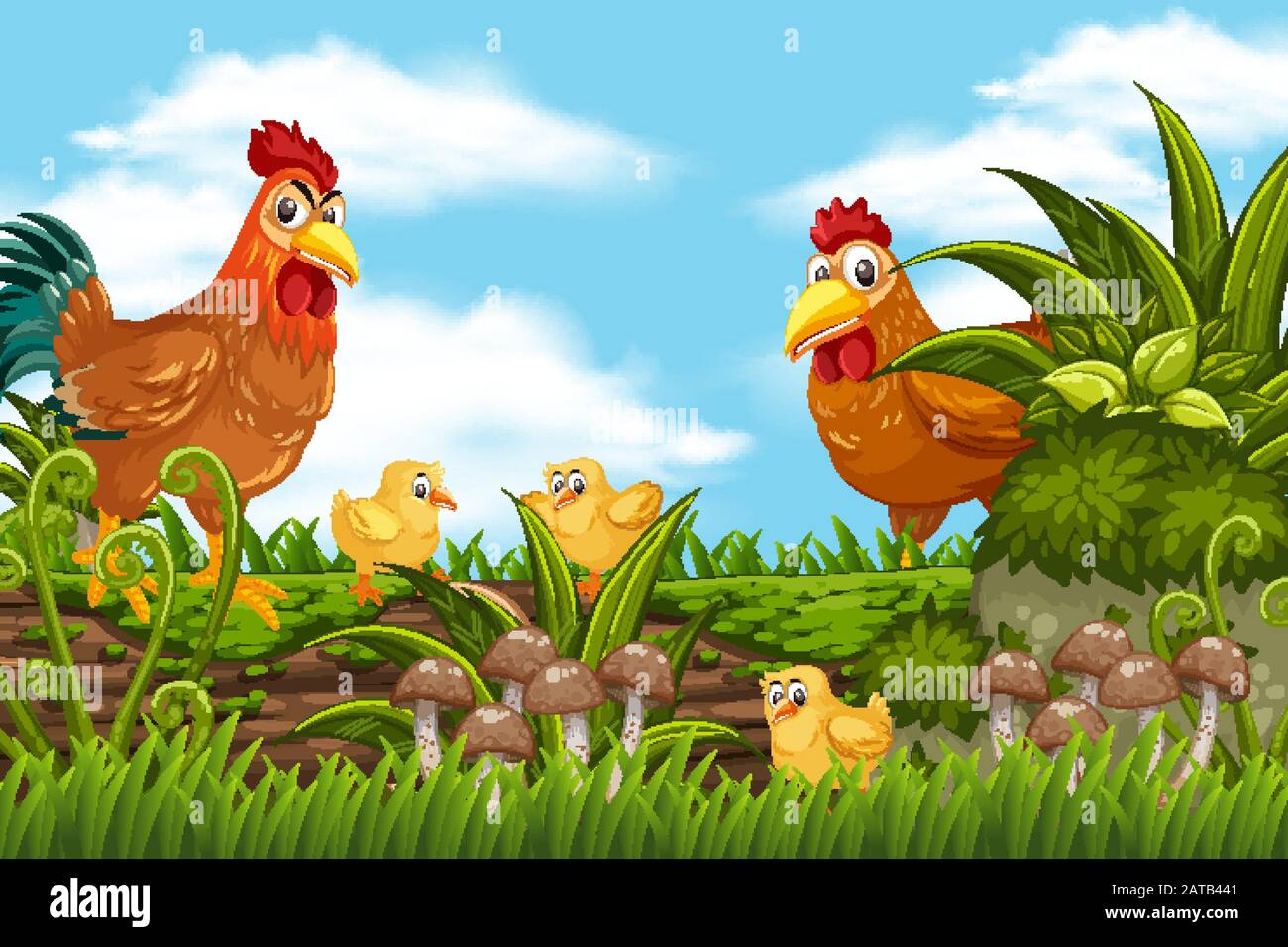 Chickens in nature scene illustration Stock Vector Image & Art - Alamy