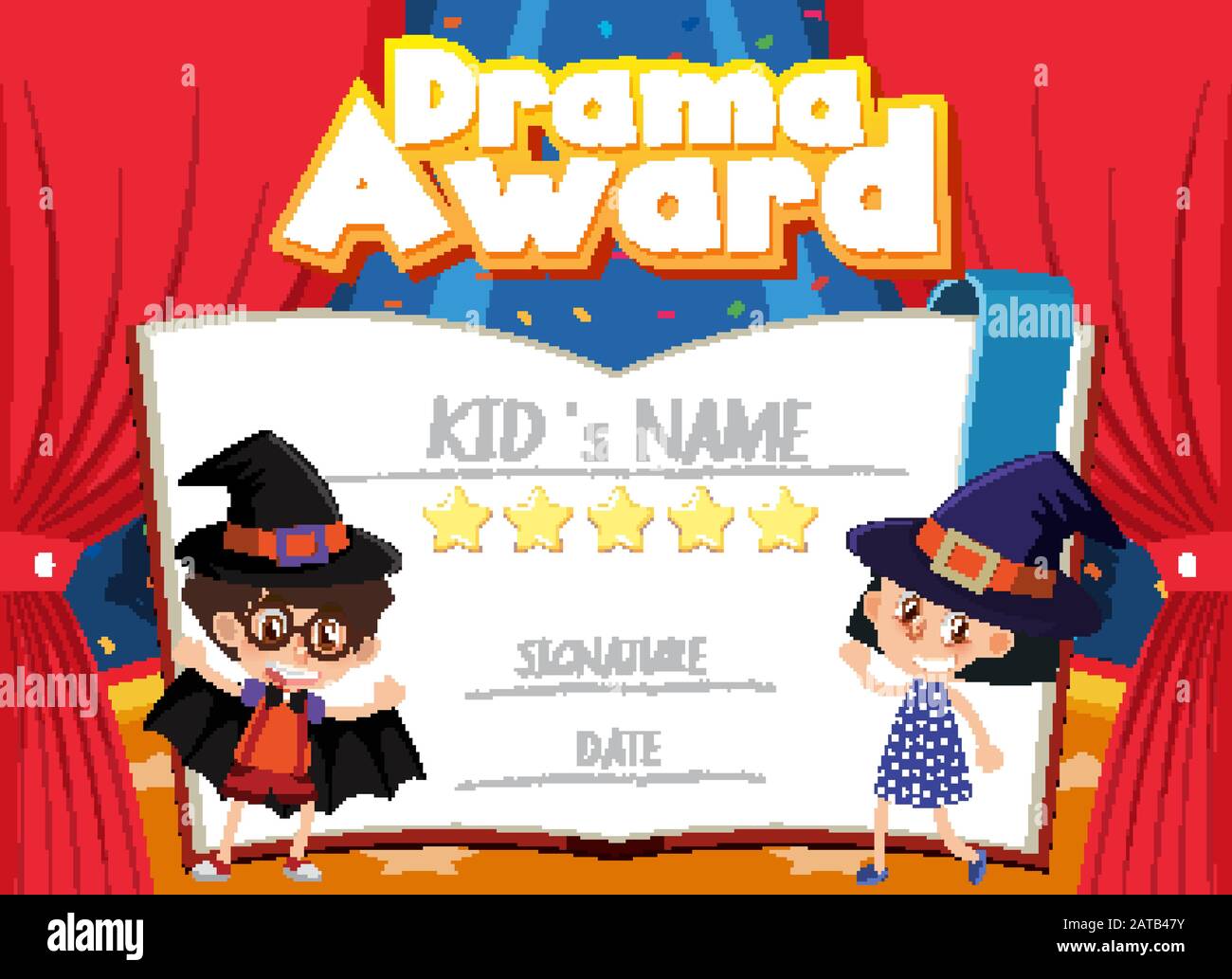 Certificate template for drama award with kids on stage illustration ...