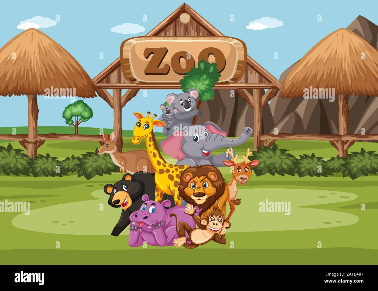 Scene with wild animals in the zoo at day time illustration Stock ...