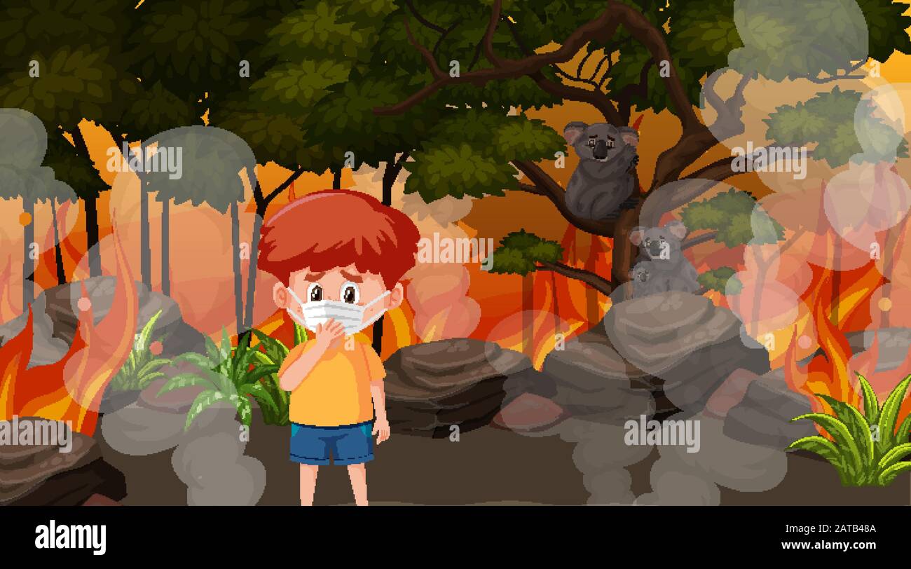 Scene with boy and animals in the big wildfire illustration Stock ...