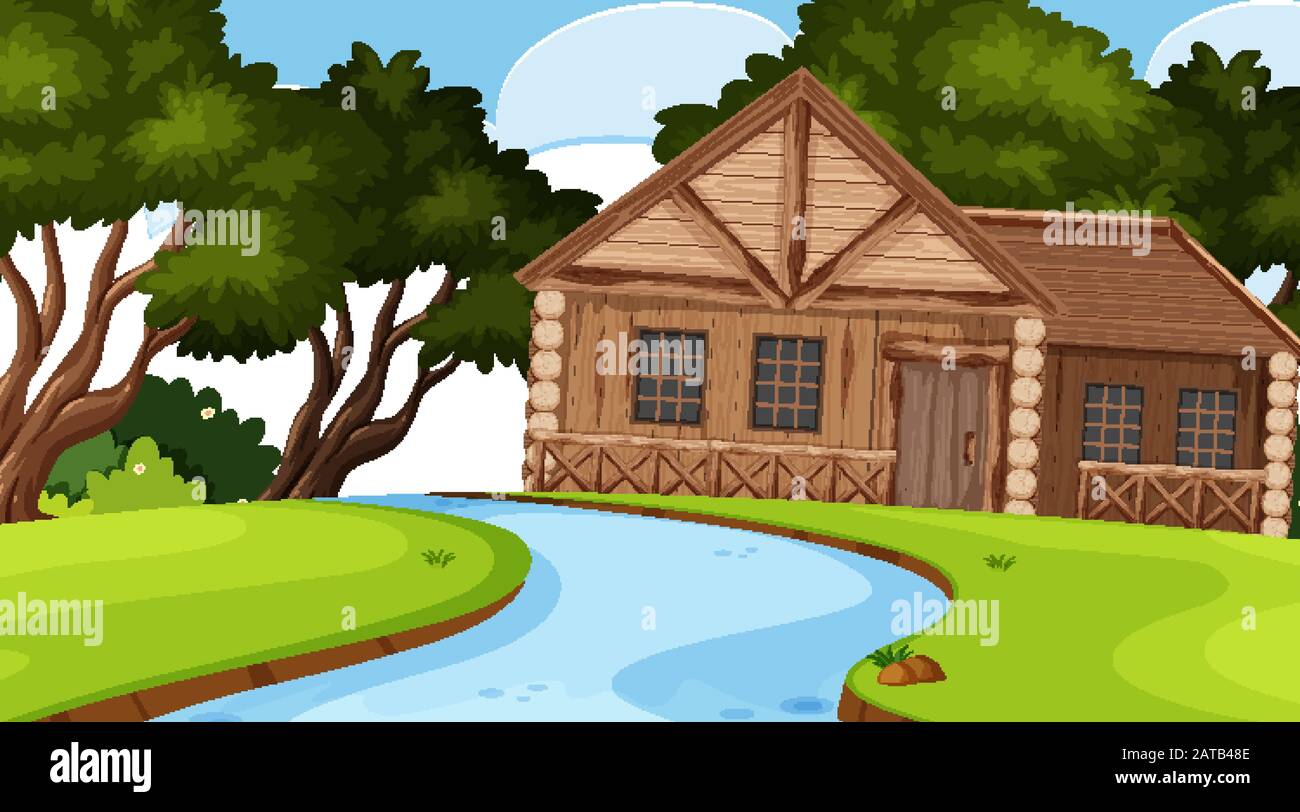 Scene with wooden cottage in the field illustration Stock Vector Image ...