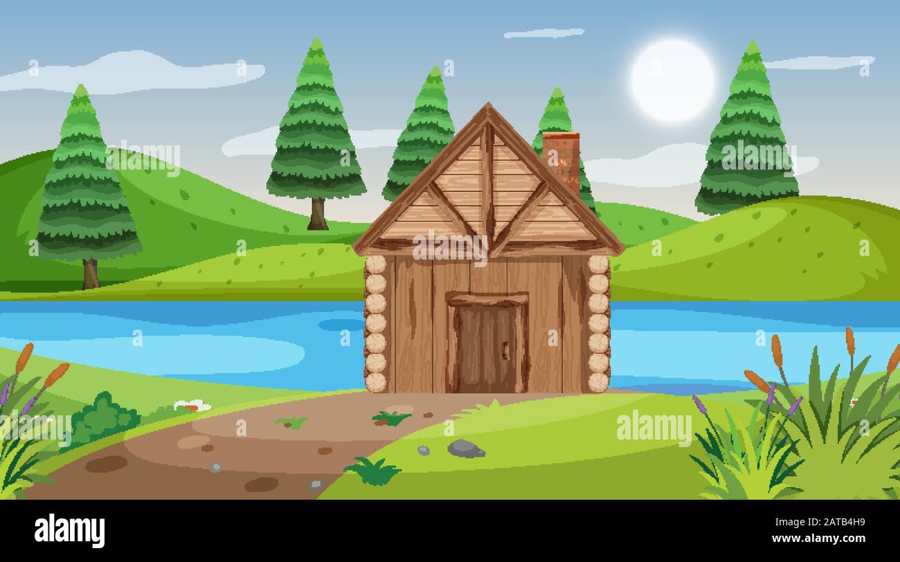 Scene with wooden cottage in the field illustration Stock Vector Image ...