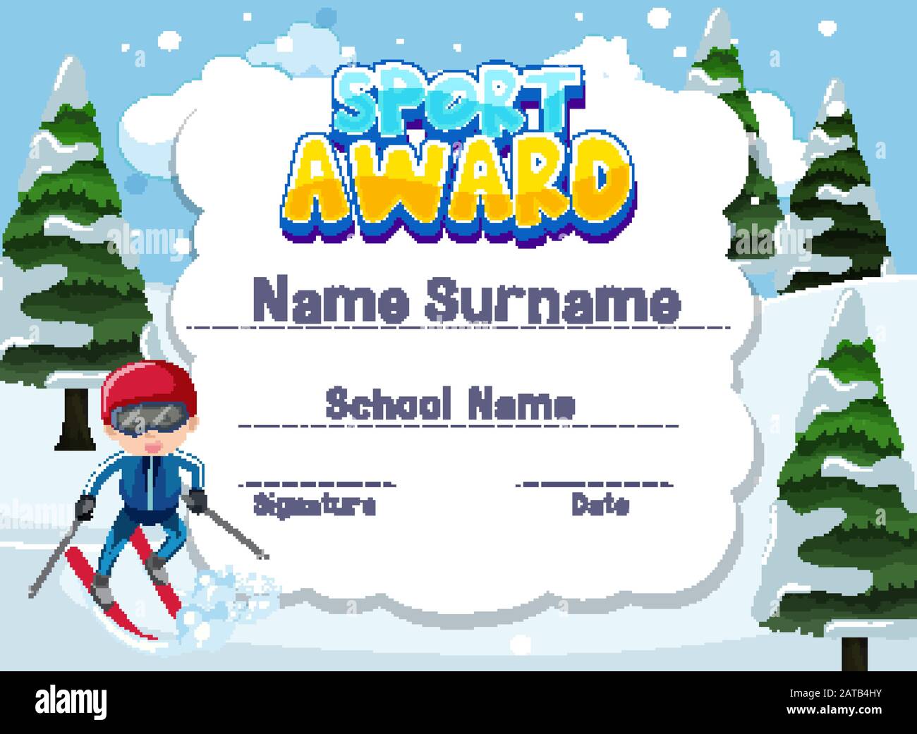 Certificate template for sport award with boy skiing in background ...