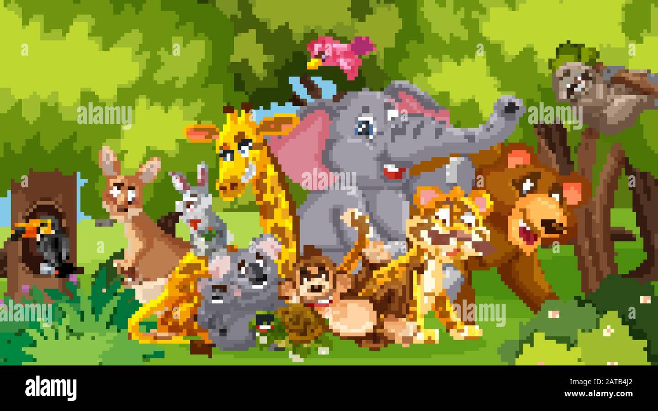 Scene with many wild animals in the park illustration Stock Vector ...