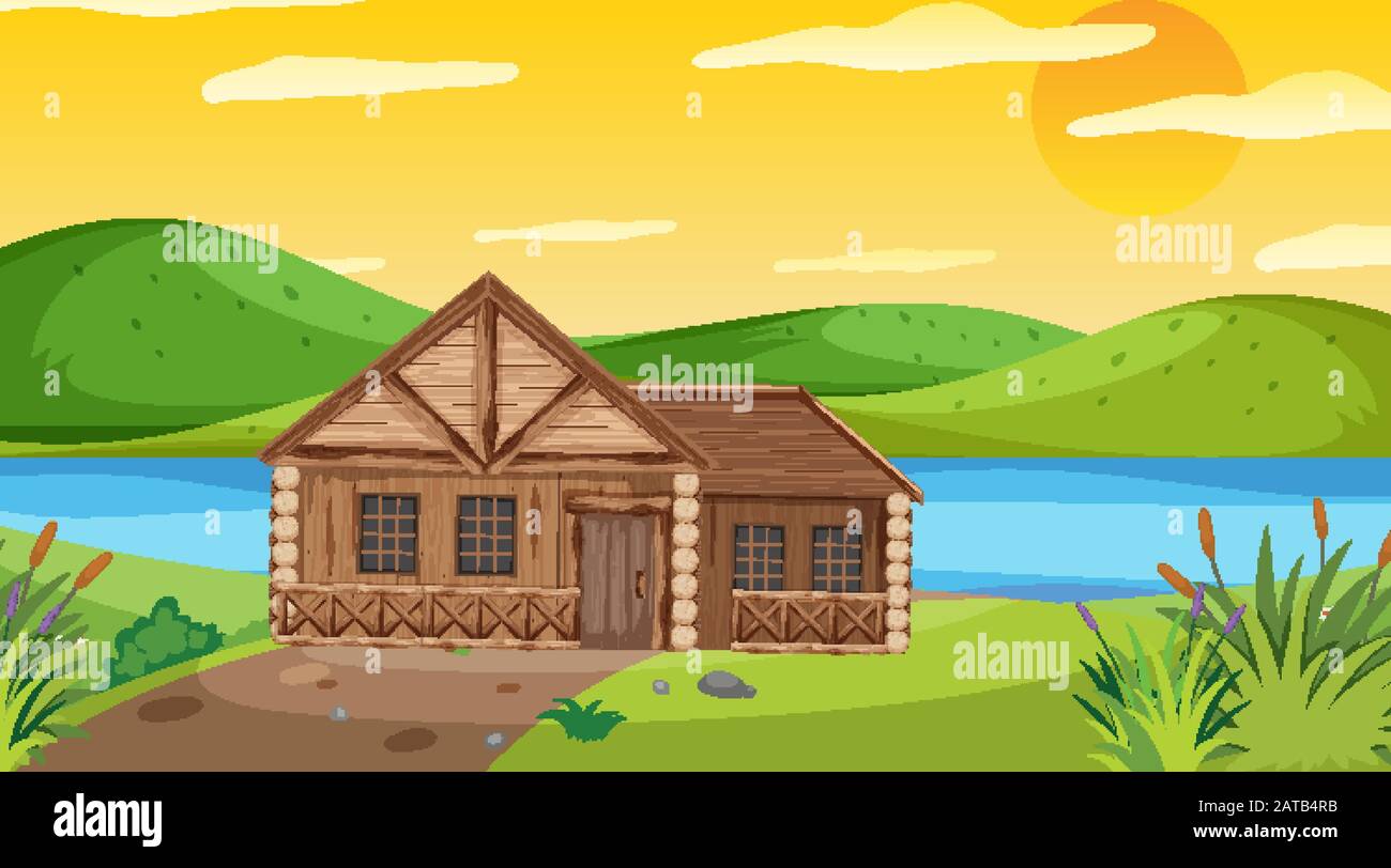 Scene with wooden cottage in the field illustration Stock Vector Image ...