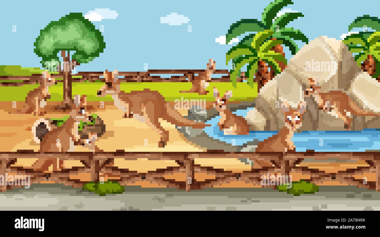 Scene with wild animals in the zoo at day time illustration Stock ...